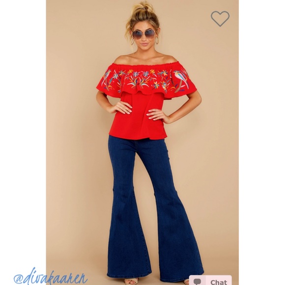 Tops | Embroidered Red Top Sleeveless Off Shoulder | Poshmark